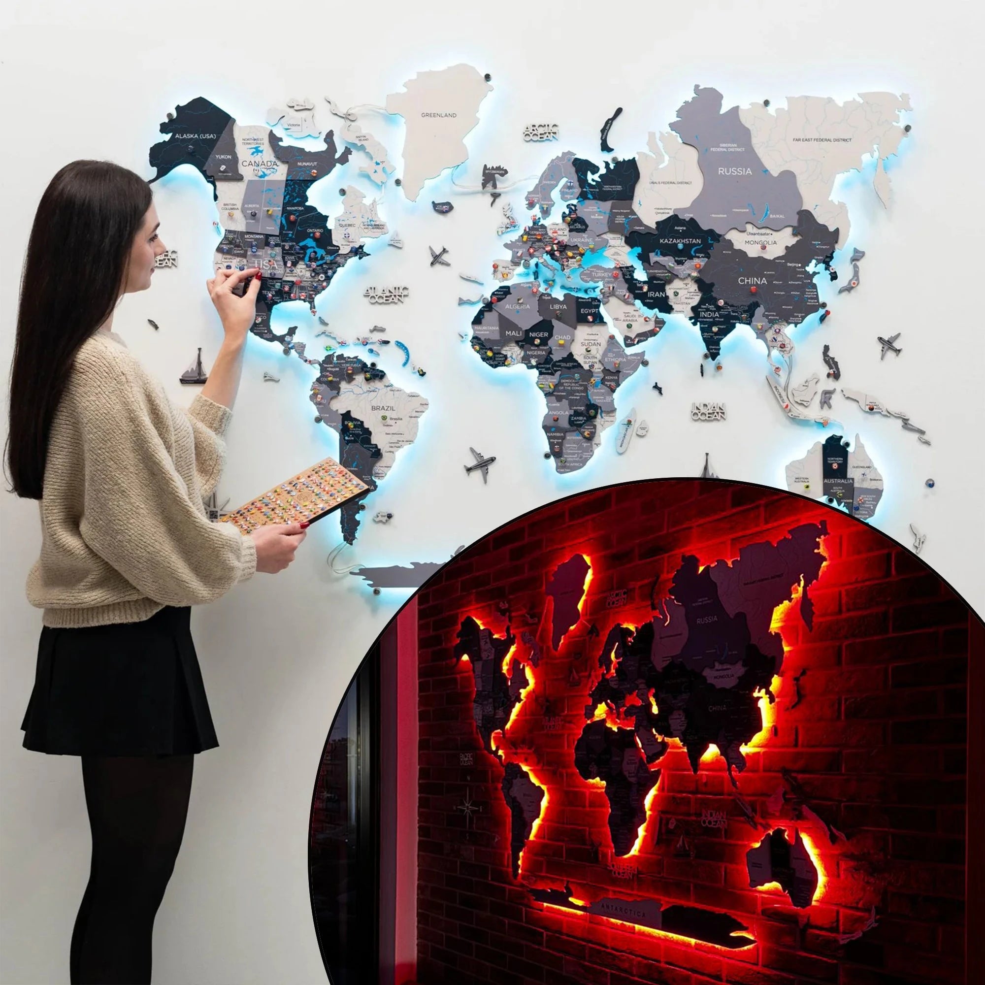 3D Wooden World Map with LED Backlit | Luxury Illuminated Wall Décor ...